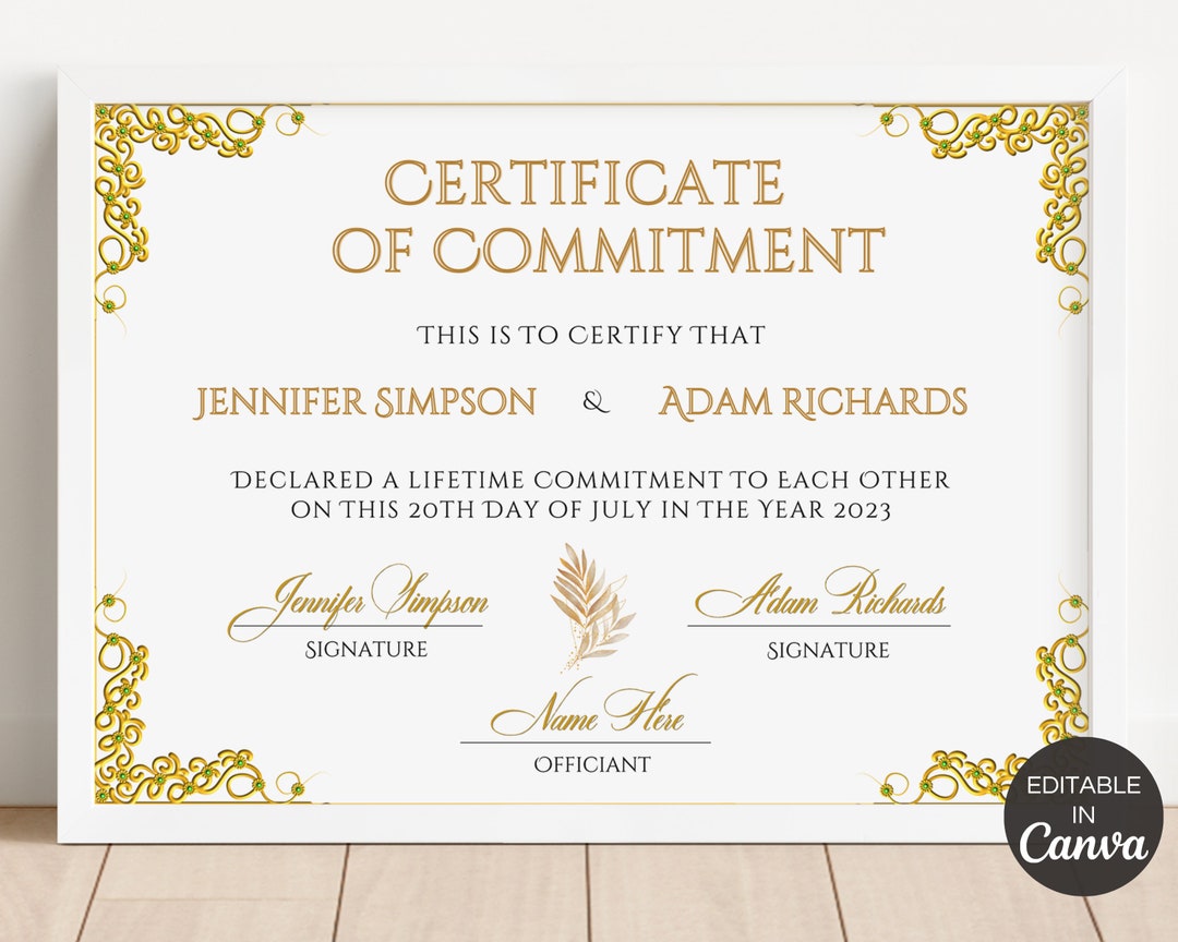 Commitment Certificate Template, Editable Certificate of Commitment, Printable Commitment ...
