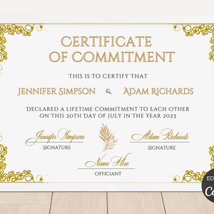 Commitment Certificate Template, Editable Certificate of Commitment, Printable Commitment ...