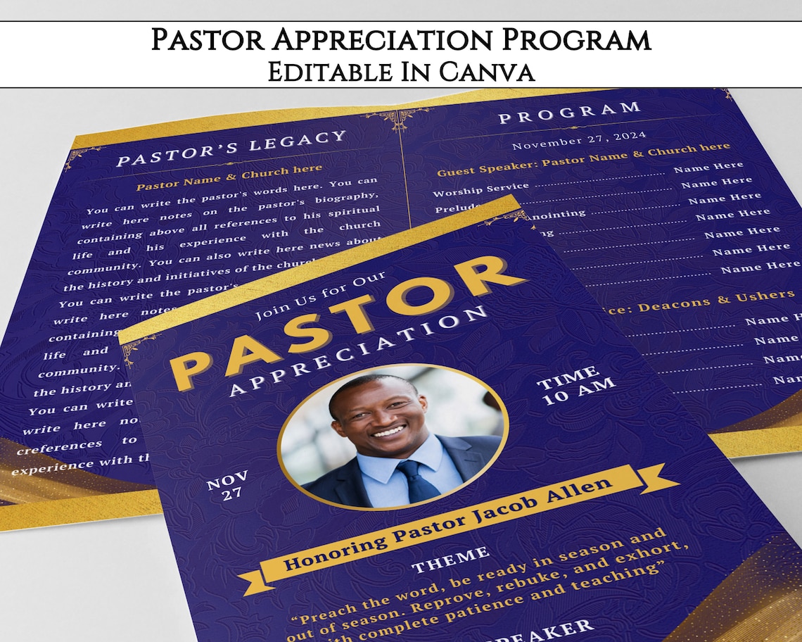 Pastor Appreciation Program Template, Editable Pastor Installation ...