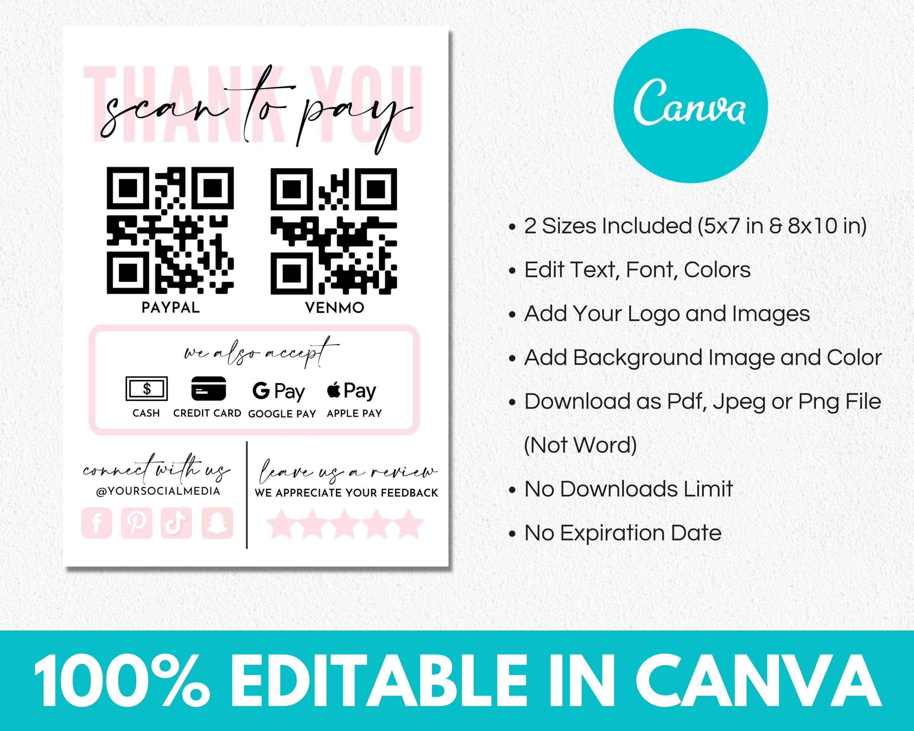 QR Code Sign Template Printable Scan to Pay Sign Editable - Etsy Canada