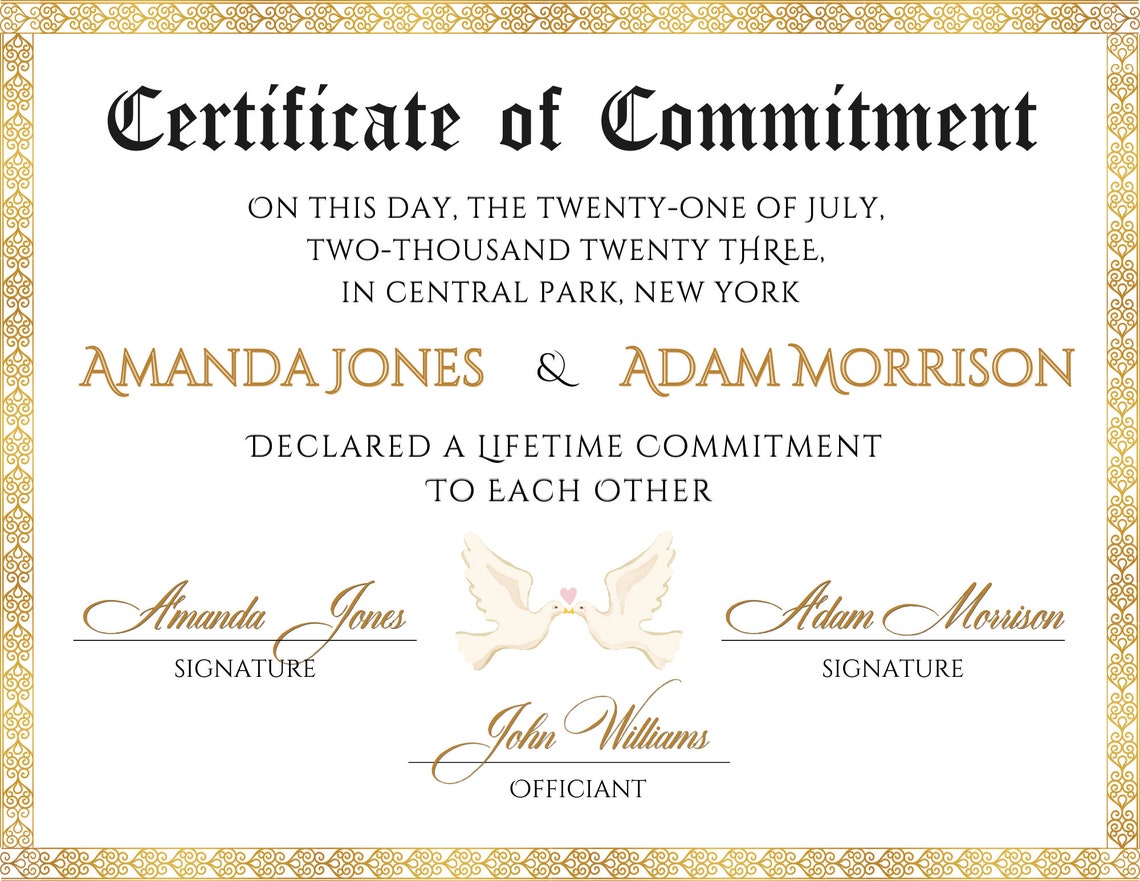 Commitment Certificate Template, Printable Certificate of Commitment ...