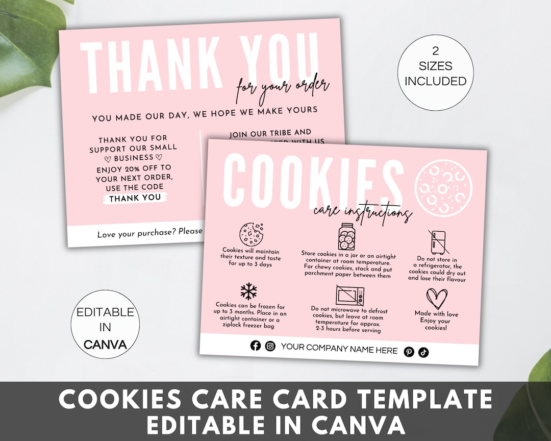 Cookie Care Card Template Canva, Editable Cookie Package Care ...