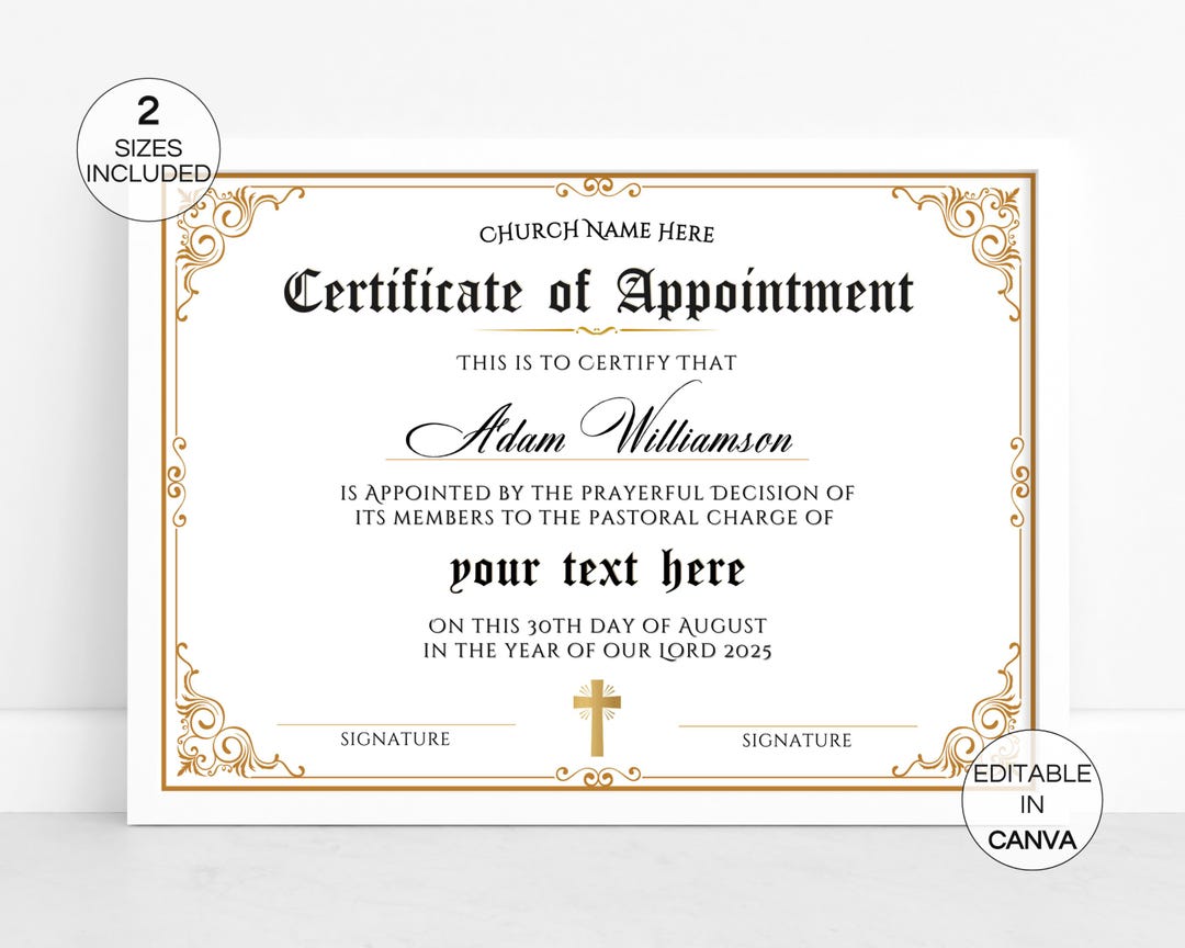 Editable Appointment Certificate, Bishop Pastor Appointed Certificates ...