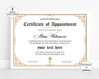 Editable Appointment Certificate, Printable Bishop Pastor Appointed ...