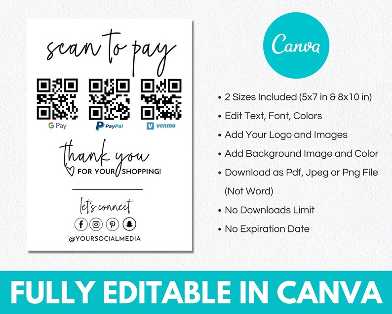 Editable QR Code Sign Template Printable Scan to Pay Sign - Etsy