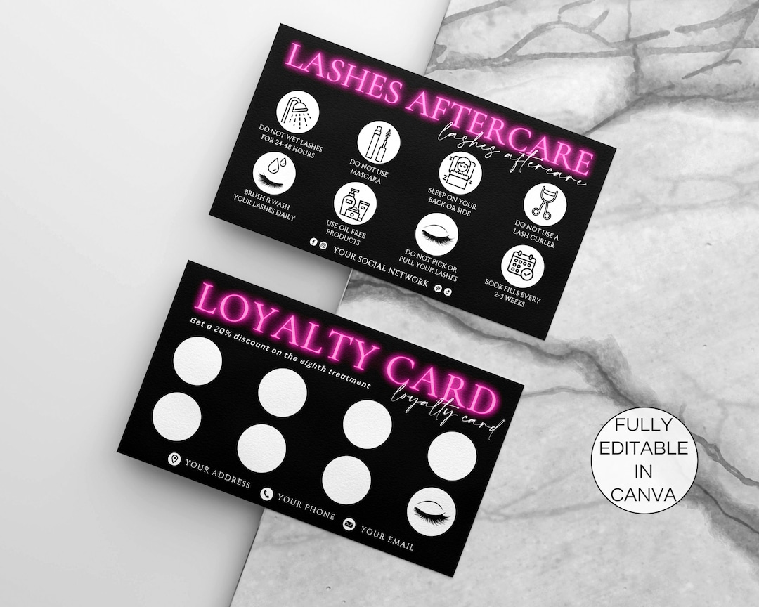 Lash Loyalty Cards, Editable Lash Aftercare Card Template, Printable ...