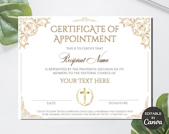 Editable Appointment Certificate, Printable Bishop Pastor Appointed ...