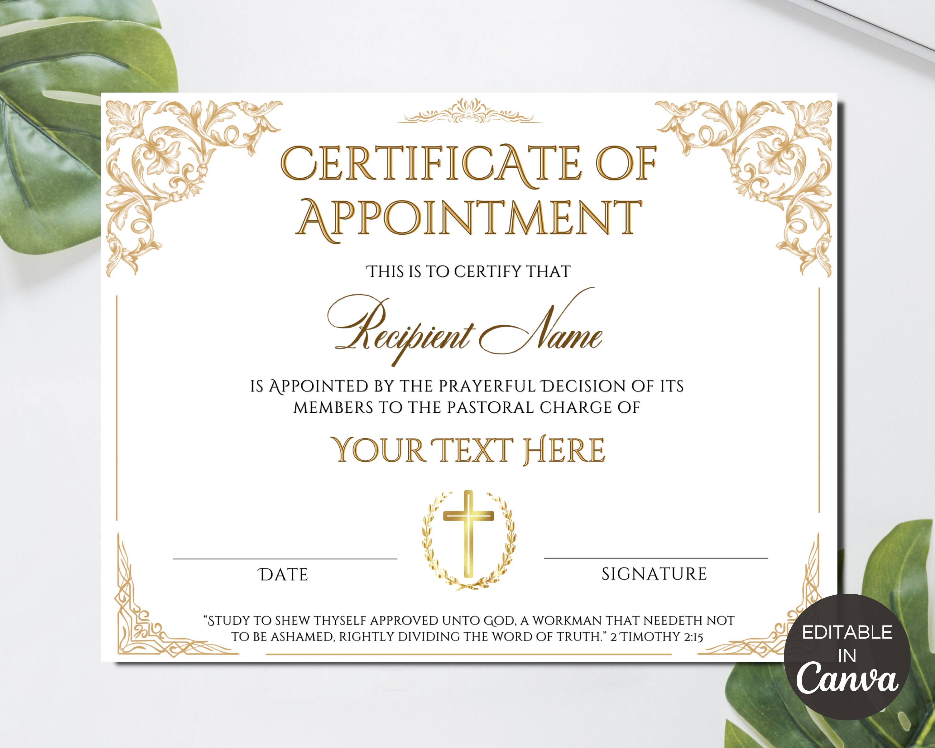Editable Appointment Certificate, Printable Bishop Pastor Appointed ...