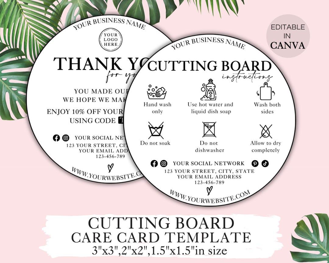 Cutting Board Care Card, Printable Chopping Board Instructions Cards ...