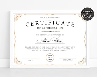 Editable Certificate of Appreciation Template, Printable Appreciation ...