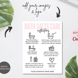Bath Salts Care Card, Printable Bath Soak Instructions Guide Template ...