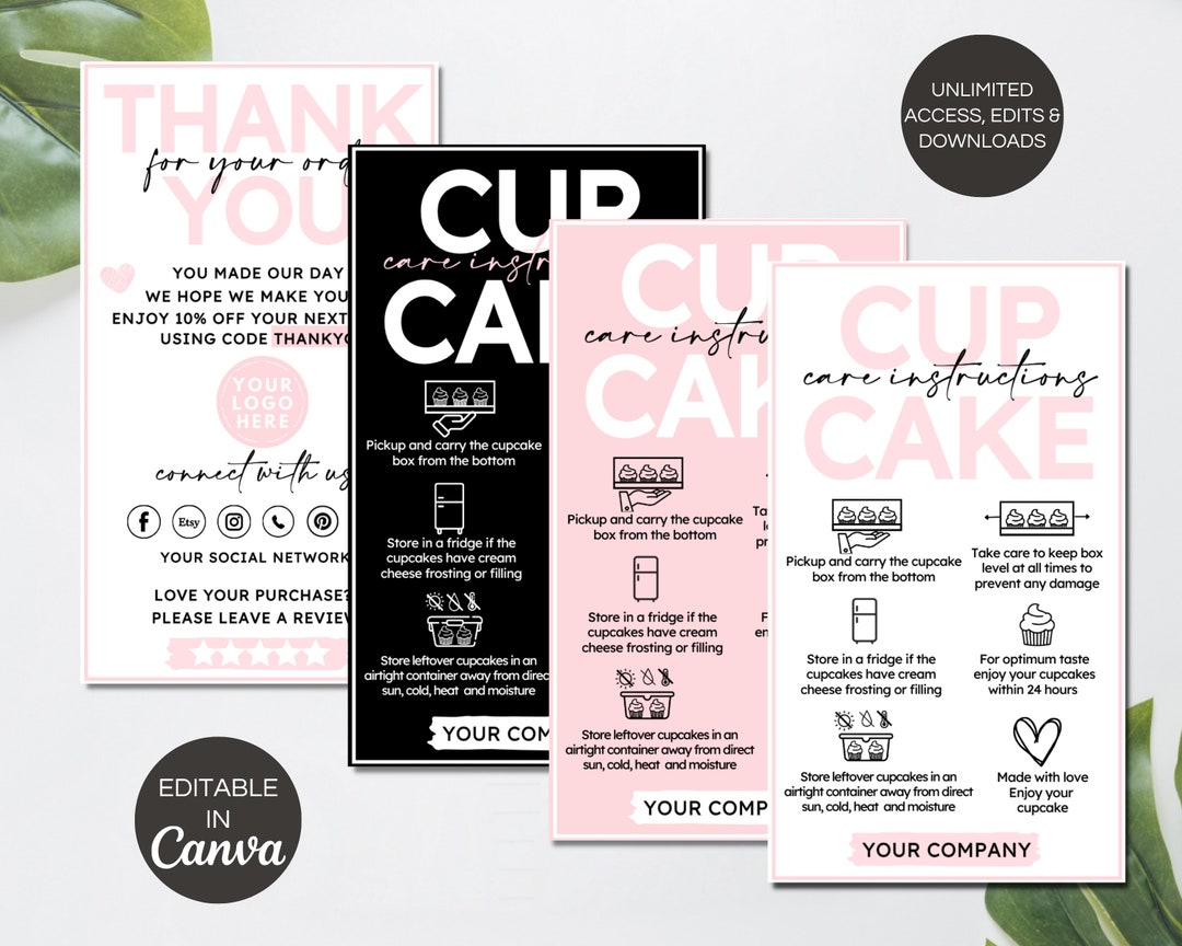 Editable Cupcake Care Card Template, Printable Cupcake Care ...