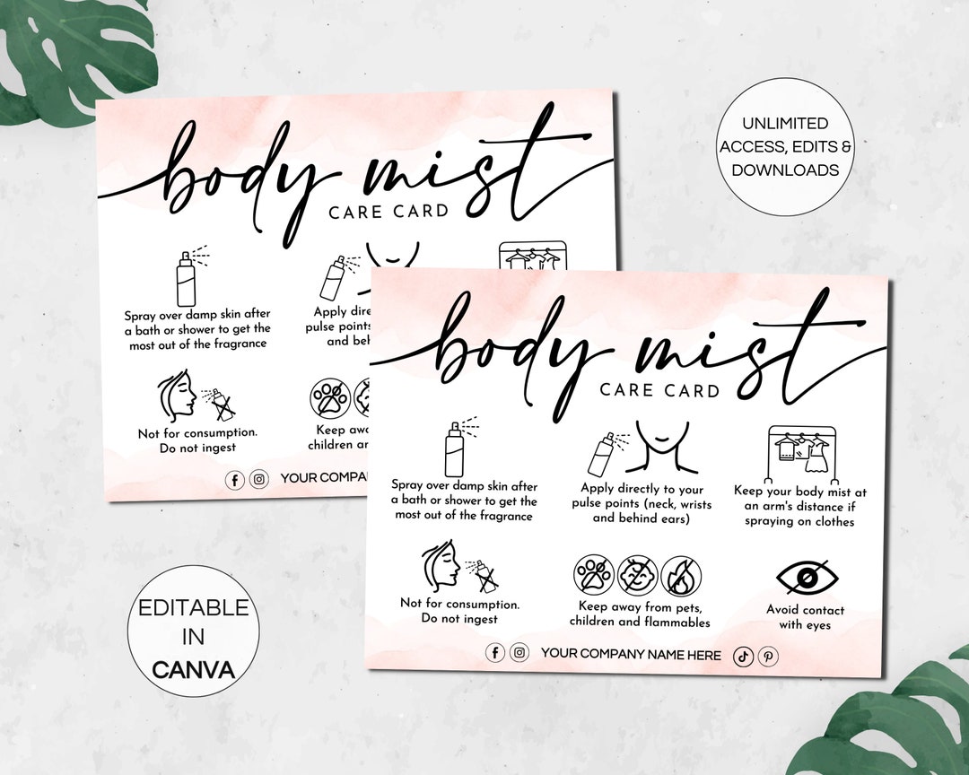 Body Mist Care Card Template, Editable Body Spray Care Instructions ...