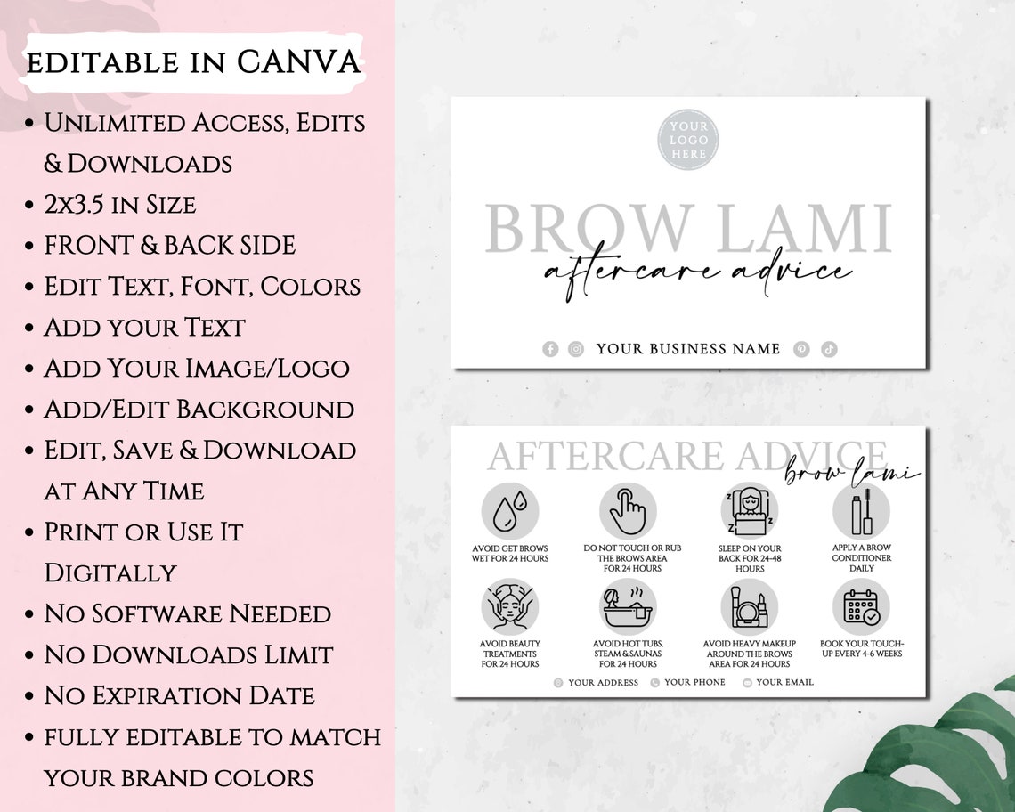 Brow Lamination Aftercare Cards, Editable Brows Lami Care Instructions ...
