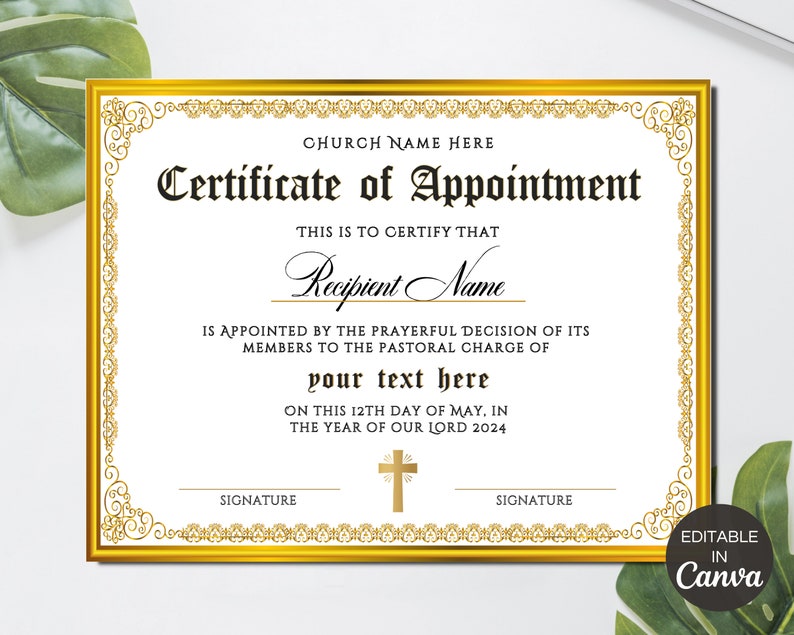 Editable Appointment Certificate, Printable Bishop Pastor Appointed ...