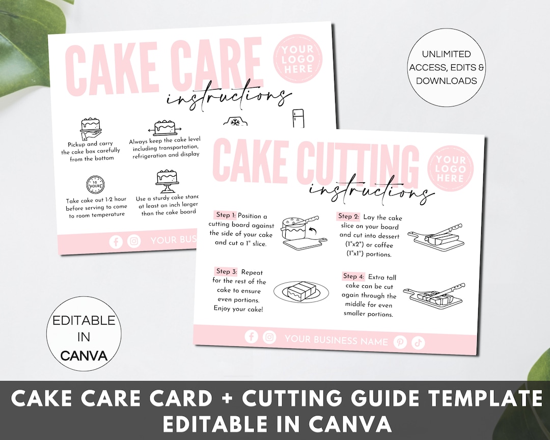 Cake Care Card Canva Template, Editable Cake Cutting Guide Cards ...