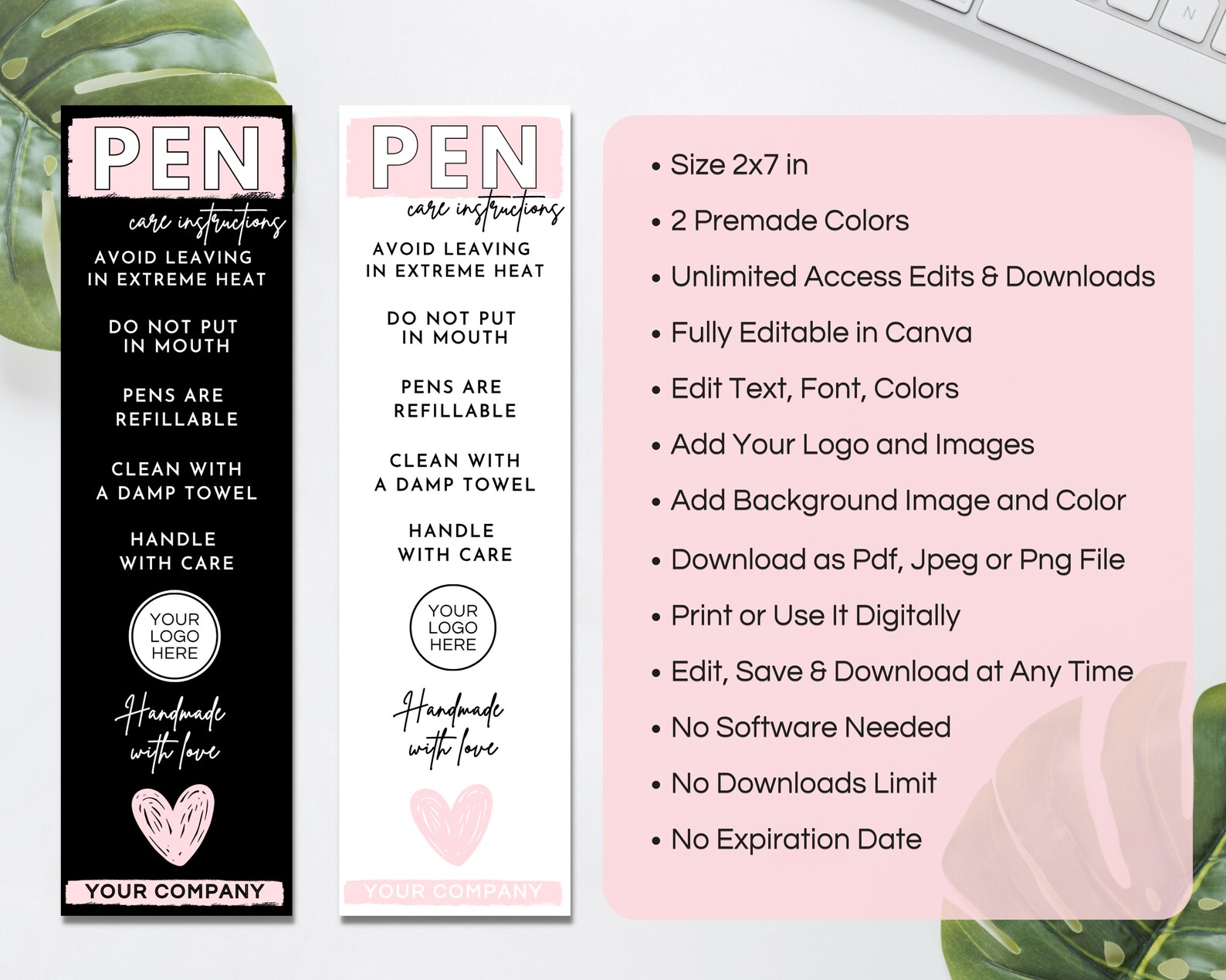 Editable Pen Care Card Canva Template, Epoxy Pen Care Cards, Gel Pen ...