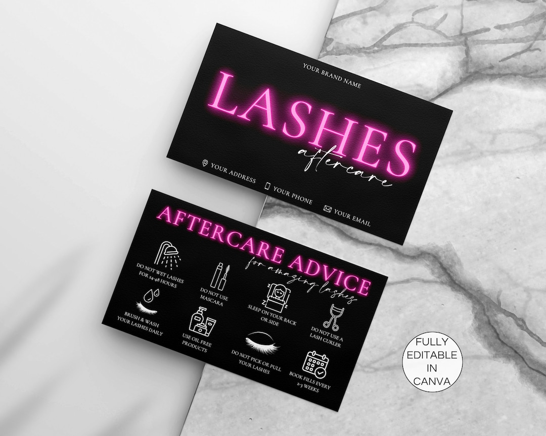 Lash Aftercare Card Template, Editable Lash Business Cards, Printable ...