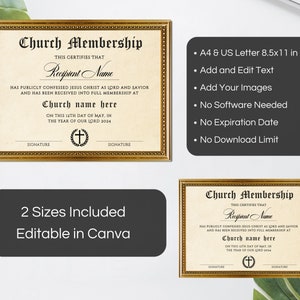 Church Membership Certificate Template, Editable Certificate of ...