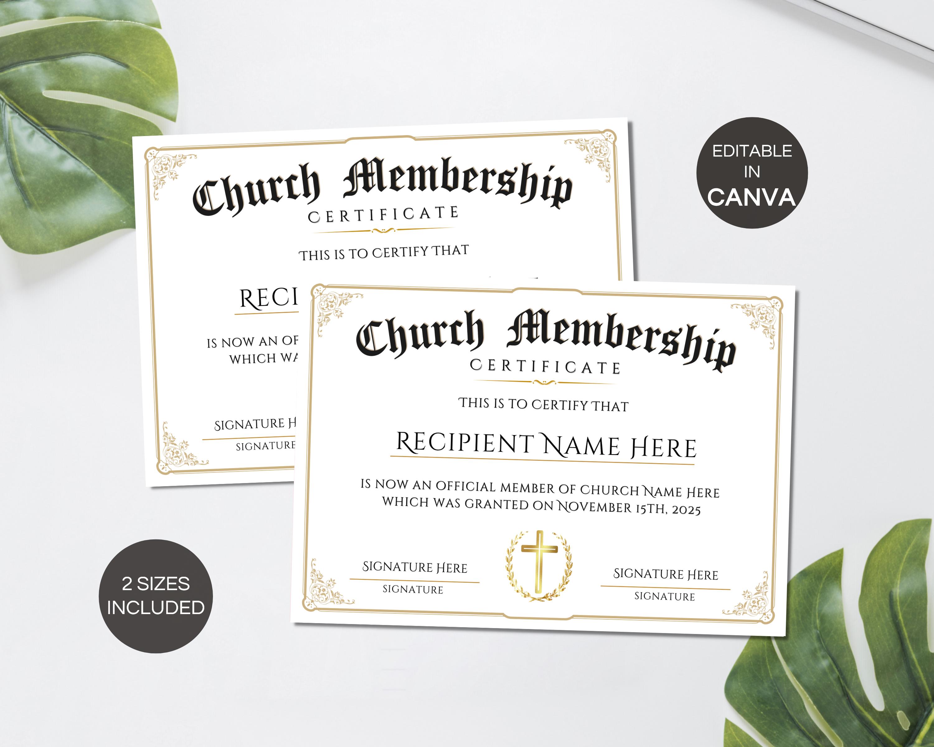 Editable Church Membership Certificate Template, Printable Certificate ...
