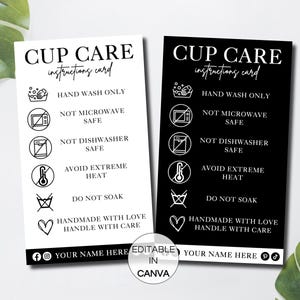 Cup Care Card Template, Editable Cup Care Cards, Printable Tumbler Care ...