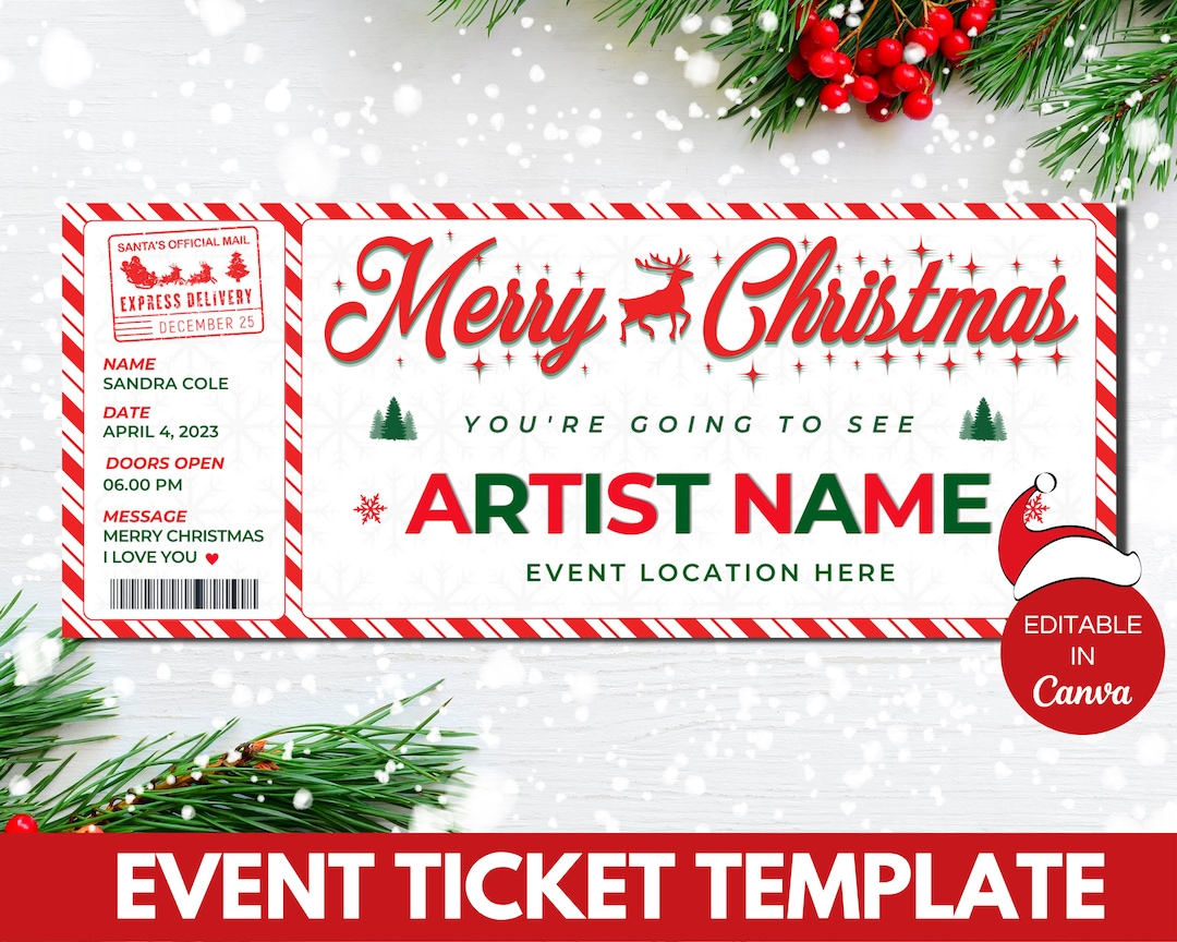 Christmas Event Ticket Template, Editable Concert Ticket, Printable ...
