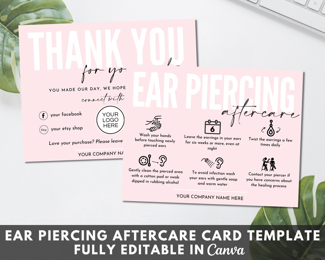 Ear Piercing Aftercare Template, Editable Piercing Guide Card, Piercing ...