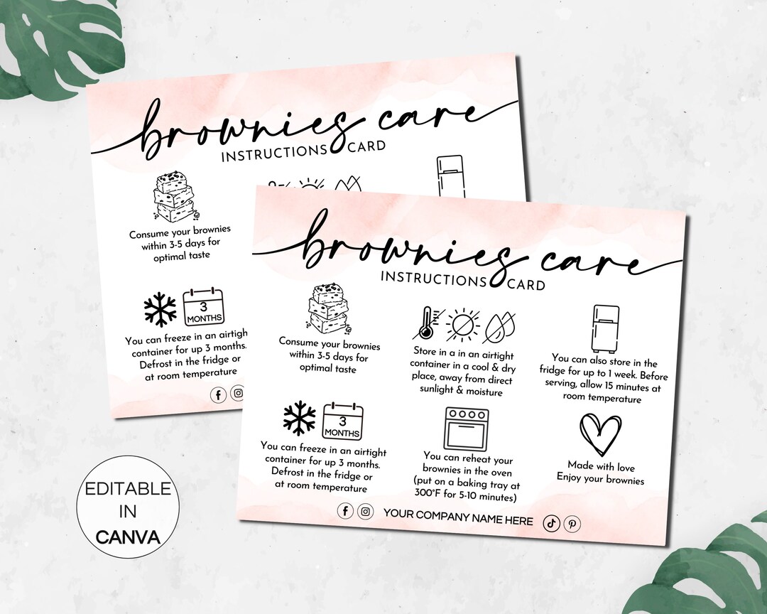 Brownies Care Card Template, Editable Brownie Care Instructions, Brownies Order Insert ...