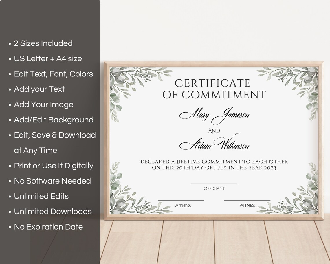 Certificate of Commitment Editable Template Greenery - Etsy