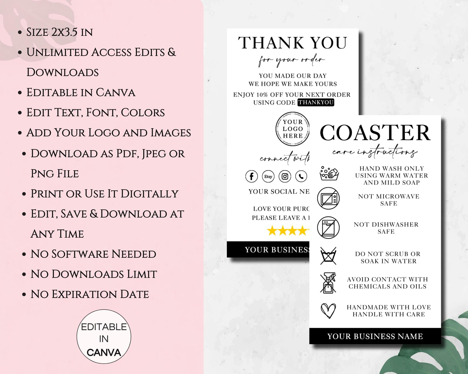 Coaster Care Card Template, Editable Car Coaster Instructions Cards ...