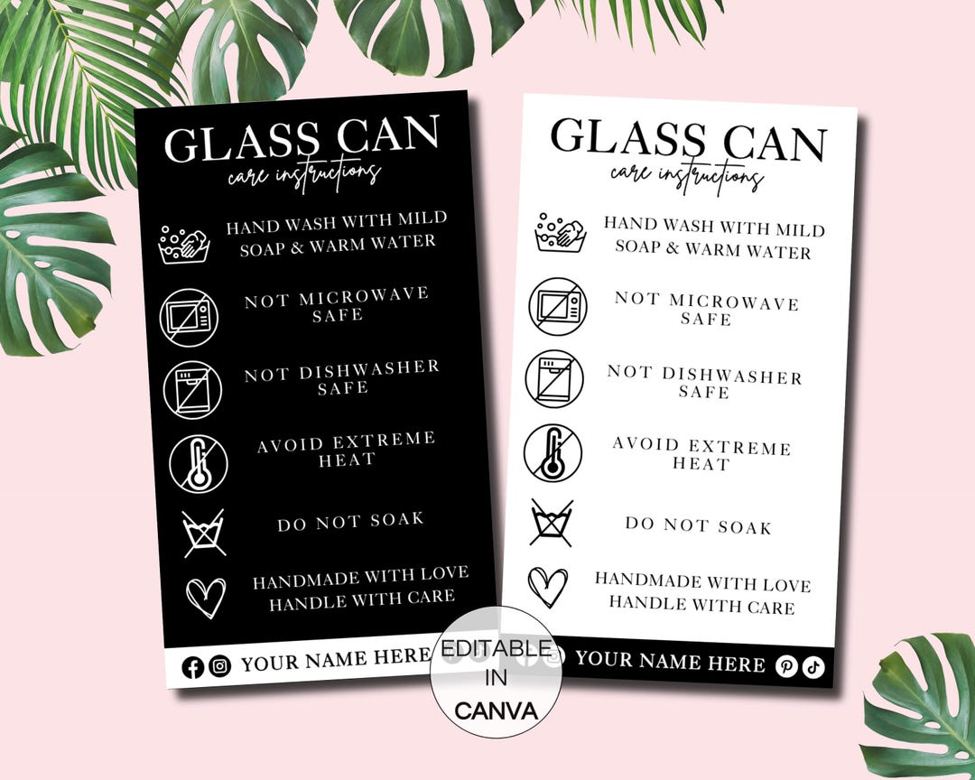 Glass Can Care Card Template, Editable Glass Cup Care Instructions ...