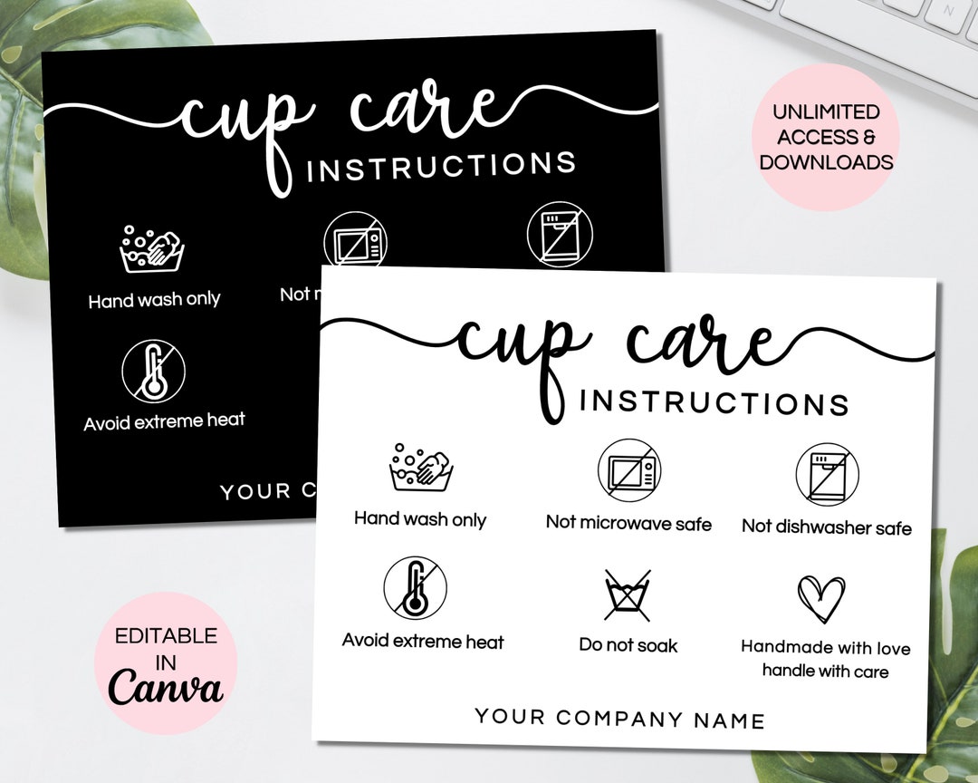 Cup Care Card Template, Editable Cup Care Cards, Printable Tumbler Care ...