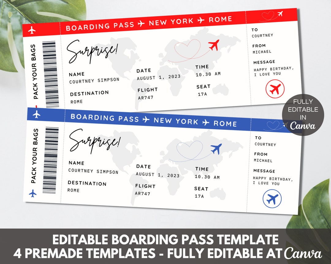 Boarding Pass Template, Editable Boarding Ticket, Printable Airplane ...