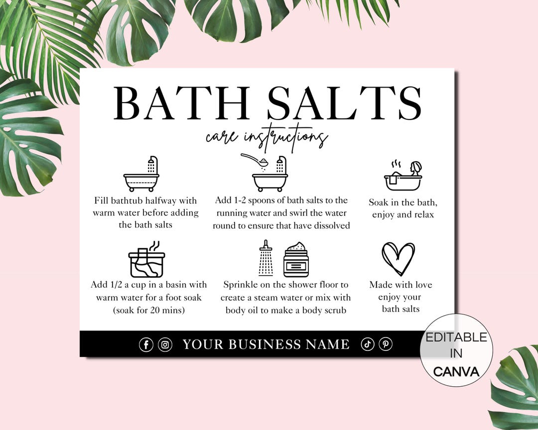 Bath Salts Care Card Template, Printable Epsom Salts Care Guide ...