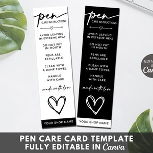 Pen Care Card Template, Editable Epoxy Pen Care Cards, Printable Gel ...