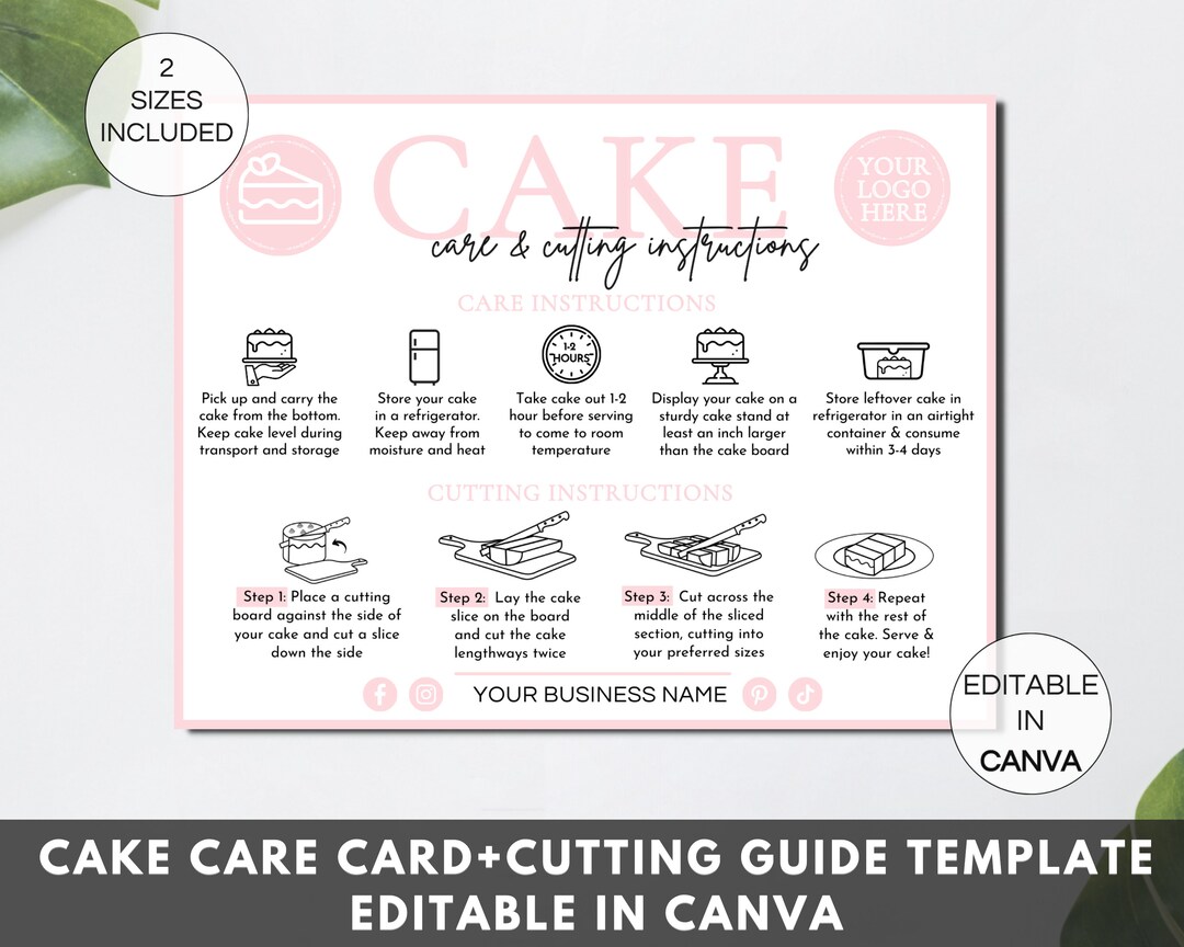 Cake Care Card Canva Template, Editable Cake Cutting Guide Cards ...