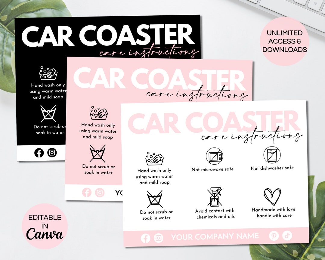 Car Coasters Care Card, Printable Cup Holder Instructions, Editable ...