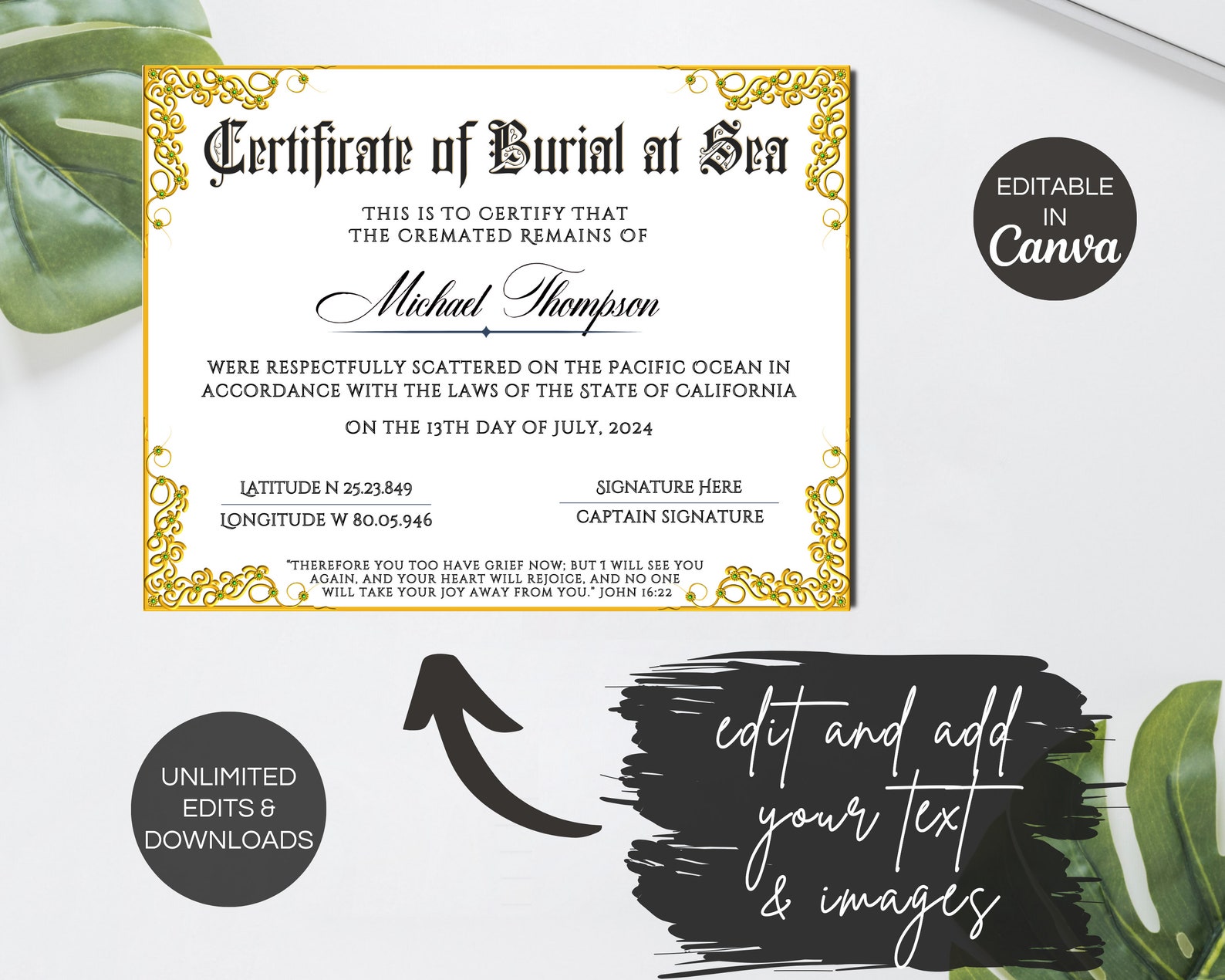 Editable Certificate of Burial at Sea Template, Printable Sea ...