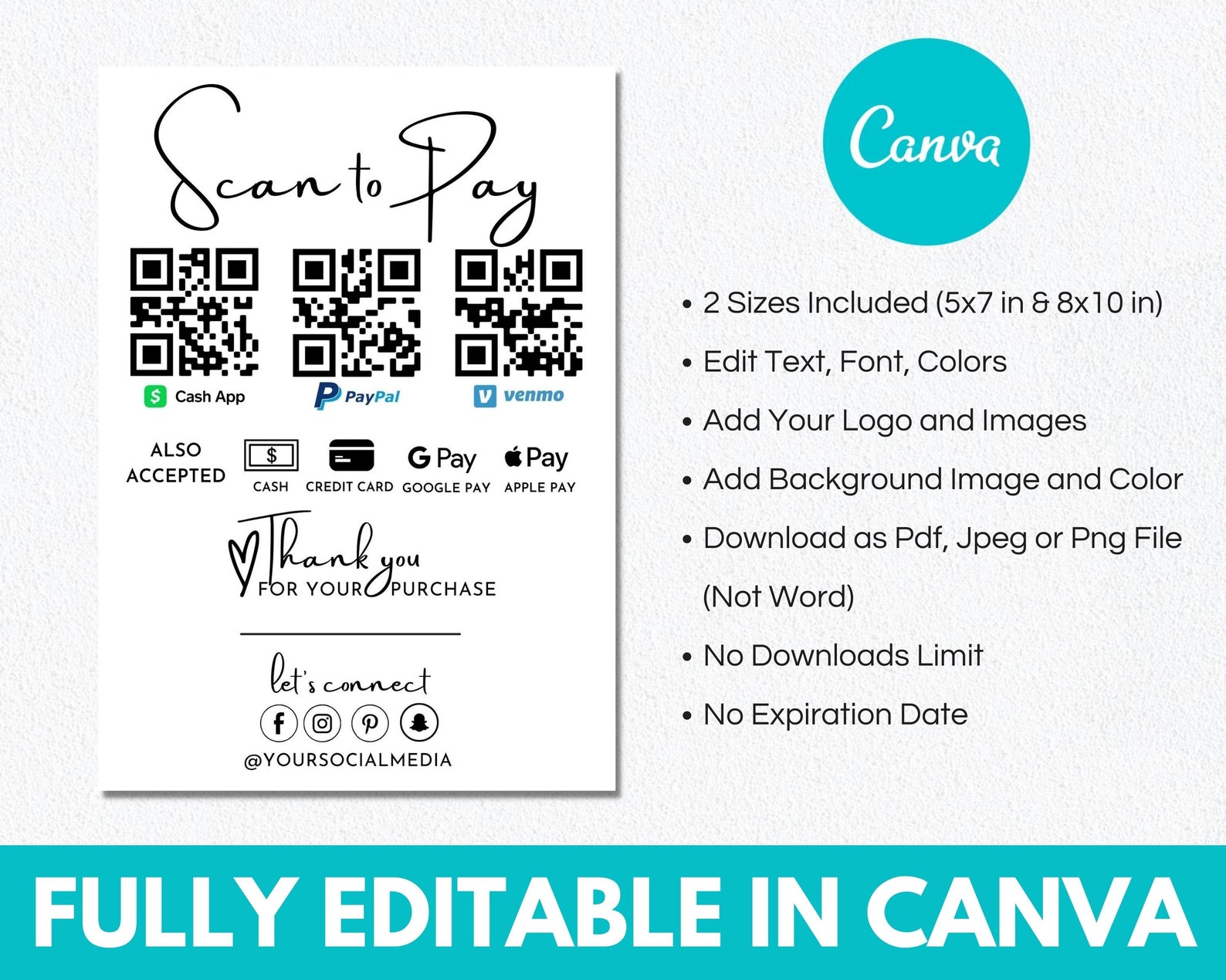 QR Code Sign Template Printable Scan to Pay Sign Editable - Etsy
