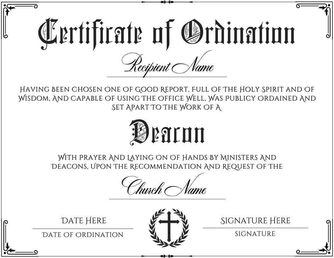 Deacon Ordination Certificate Template Printable Certificate - Etsy