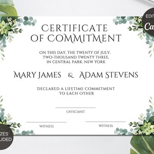 Certificate of Commitment Editable Template, Greenery Commitment ...