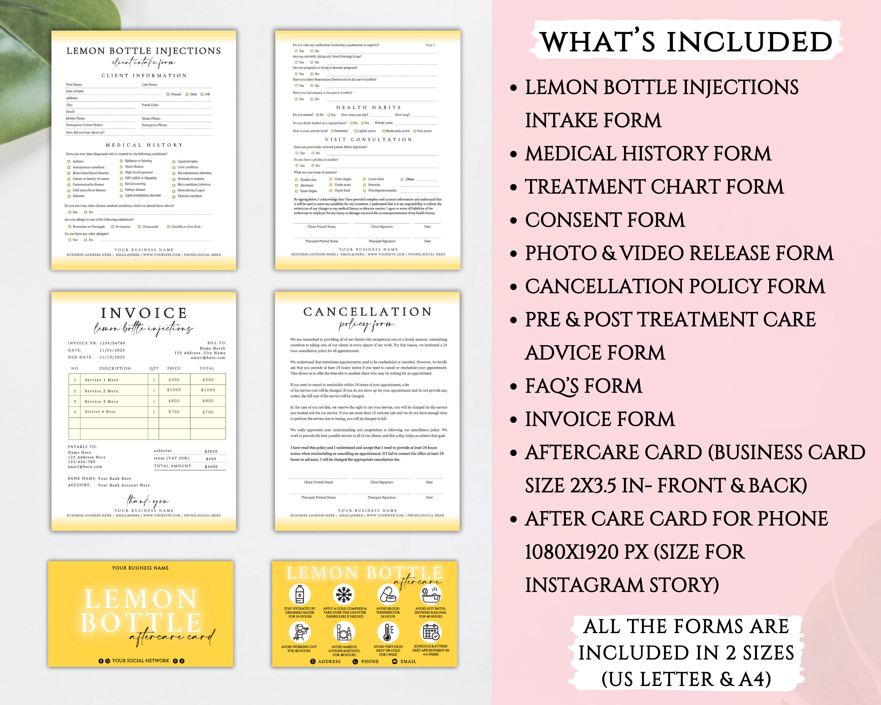 Lemon Bottle Injections Forms Bundle, Editable Fat Dissolving Client ...