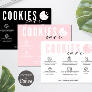Editable Cookie Care Card, Printable Cookies Care Instructions, Cookie ...
