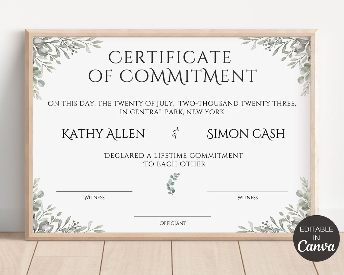 Greenery Certificate of Commitment Template Editable - Etsy