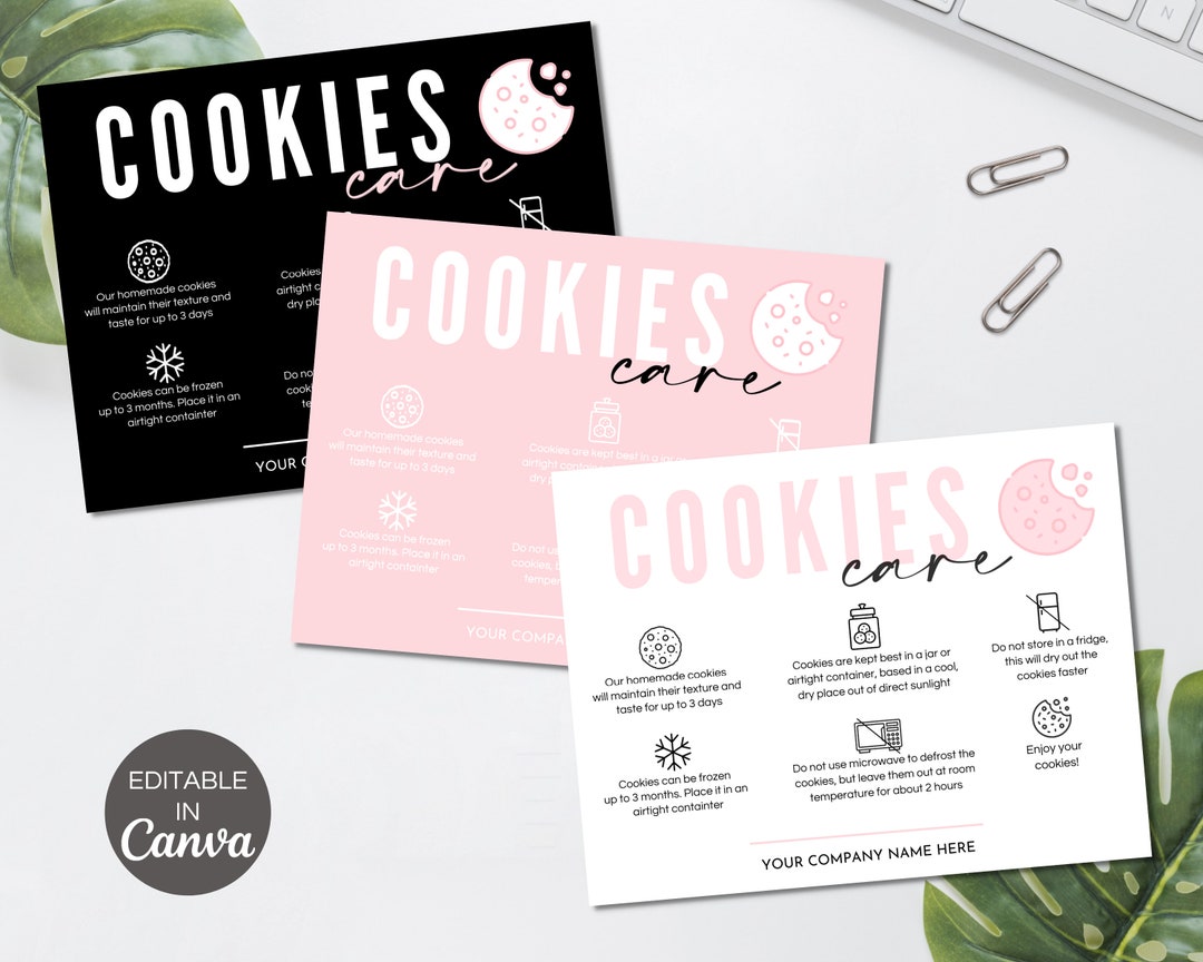 Editable Cookie Care Card, Printable Cookies Care Instructions, Cookie ...