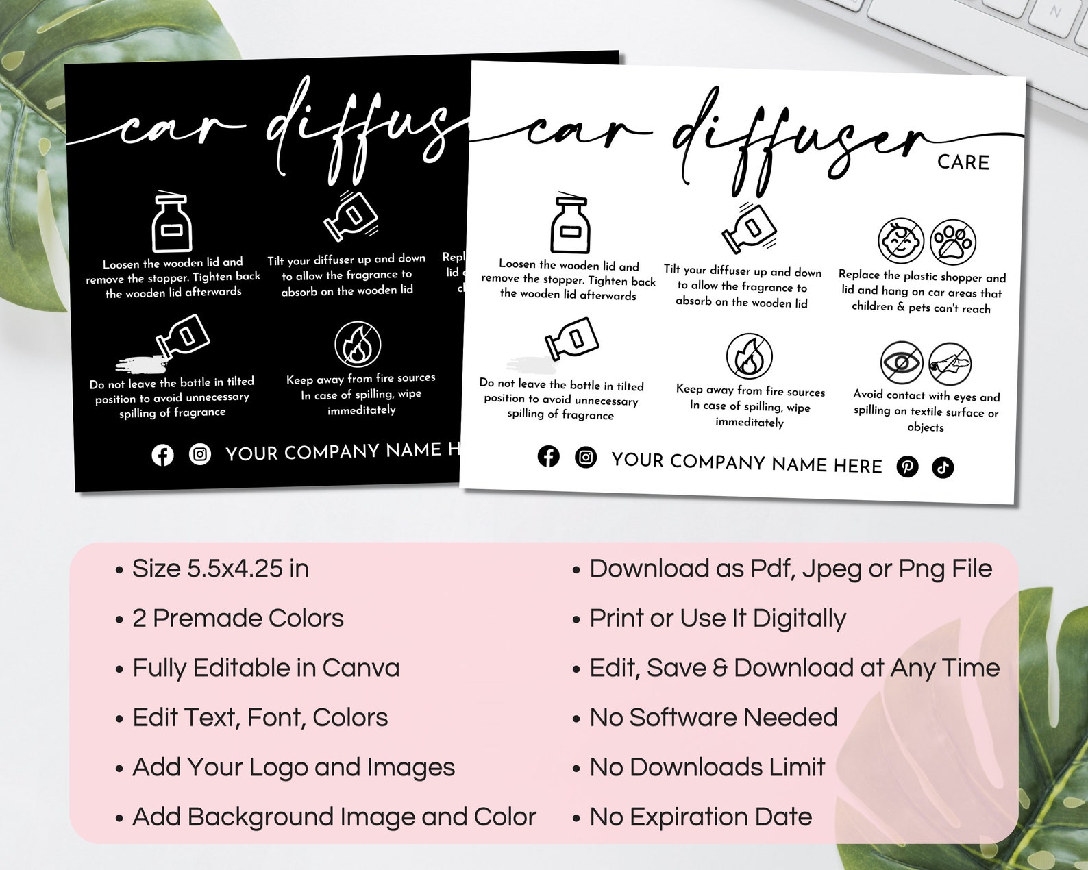 Car Diffuser Care Card, Printable Diffuser Instructions Cards, Editable ...
