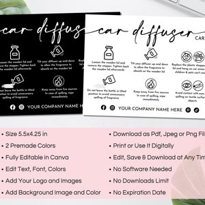 Editable Car Diffuser Care Card, Printable Car Diffuser Care Guide ...