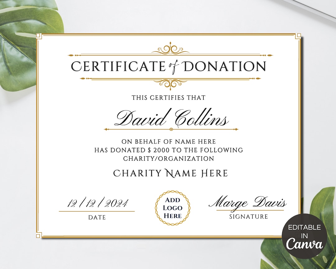 Certificate of Donation Template, Editable Donation Certificate ...