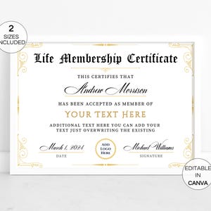 Editable Certificate of Life Membership, Printable Life Membership ...