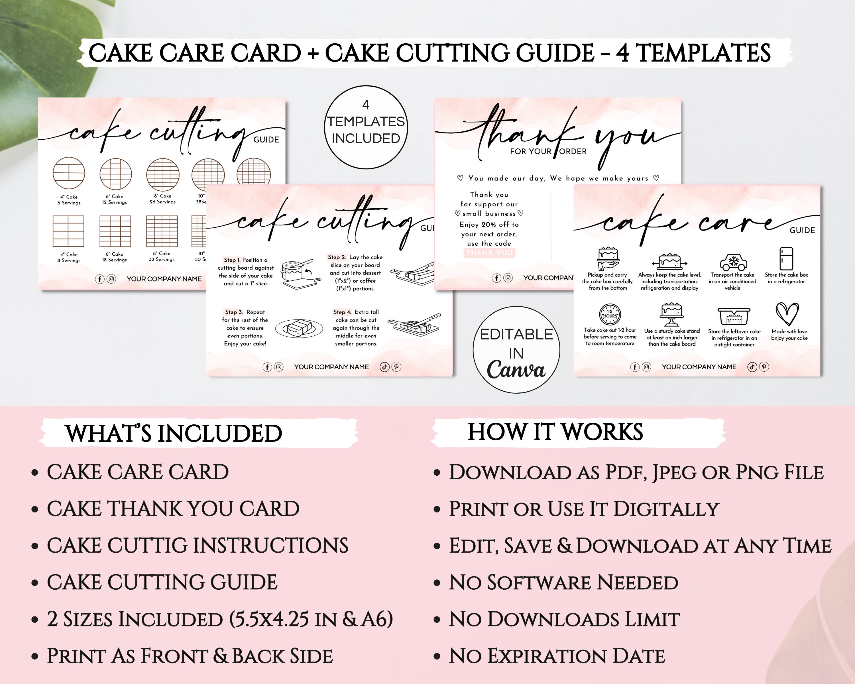 Cake Care Cards Bundle, Editable Cake Cutting Guide Cards, Printable ...